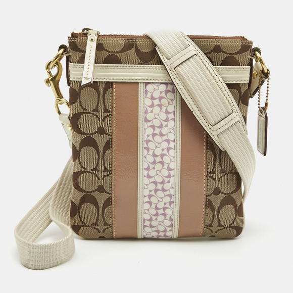 Coach | Bags | Coach Beigewhite Signature Canvas Striped Crossbody Bag ...